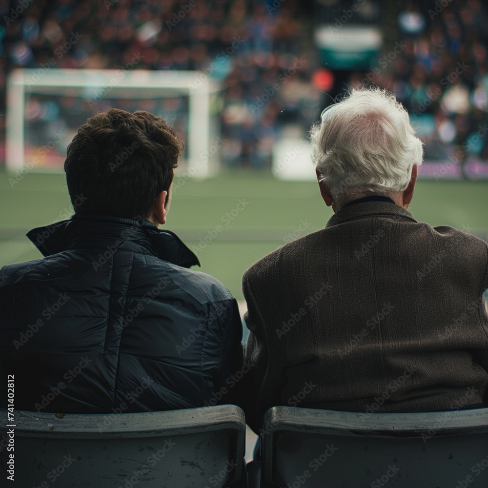 grainy photo of a two men seen from behind on a football terrace at a ...