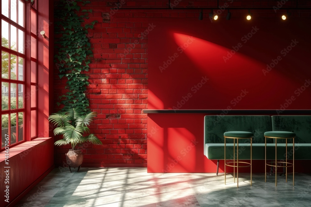 Red Brick Cafe Bar with Indoor Greenery and Modern Seating Arrangemen ...