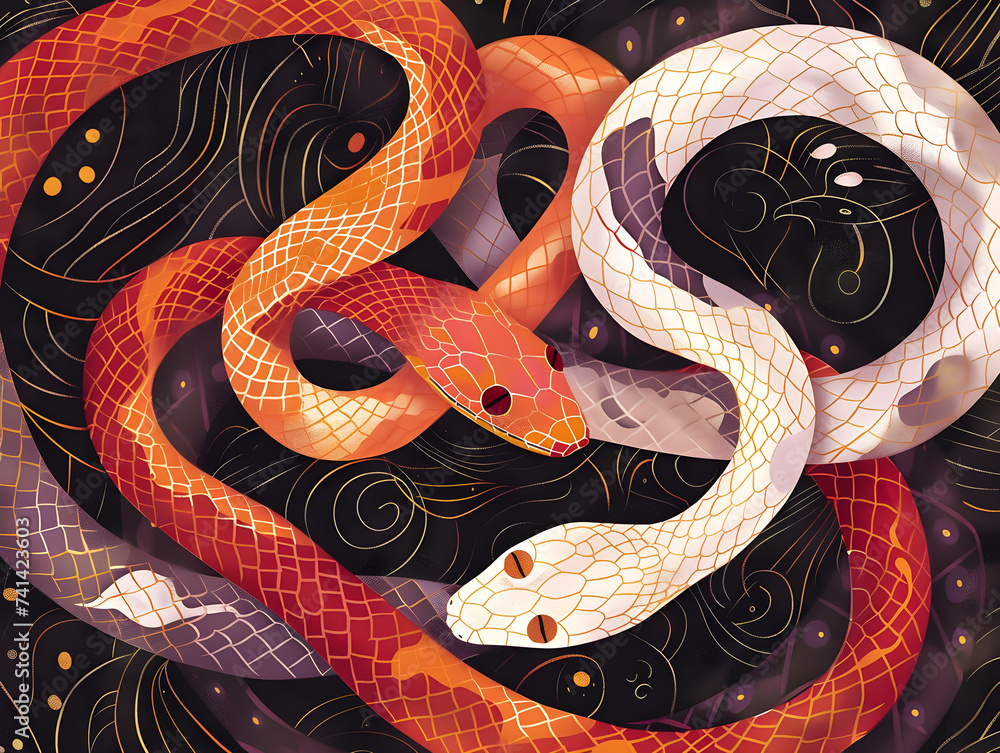 Red and White Snakes Intertwined in Mesmerizing Gaze on Dark Background ...