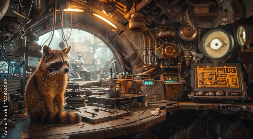 Assembling ingeniously mechanic raccoon underground workshop midnight ...