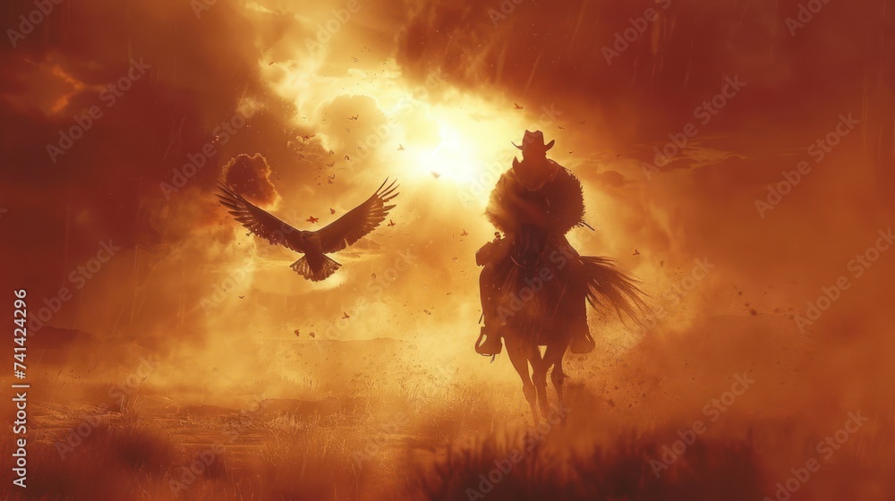 Cowboy riding through a desert storm with a hawk sunset with a cowboy ...