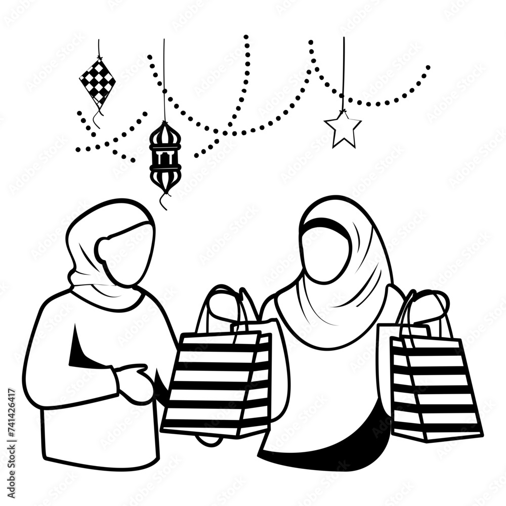 Muslim Females holding Shpping Bags on Chand Rat Vector Desig, Eid al ...