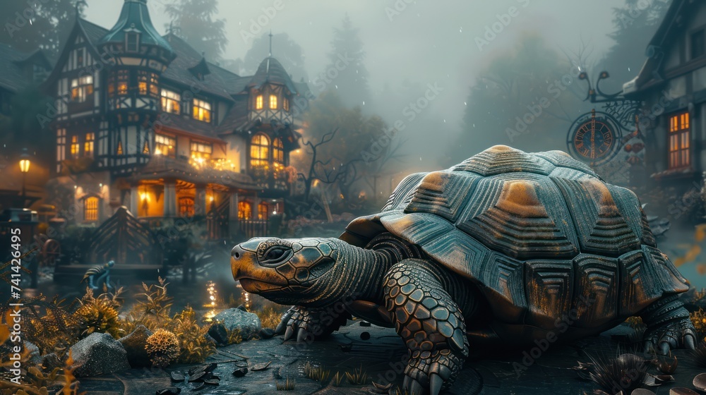 Repairing anciently clockmaker tortoise medieval town dawn gears ...