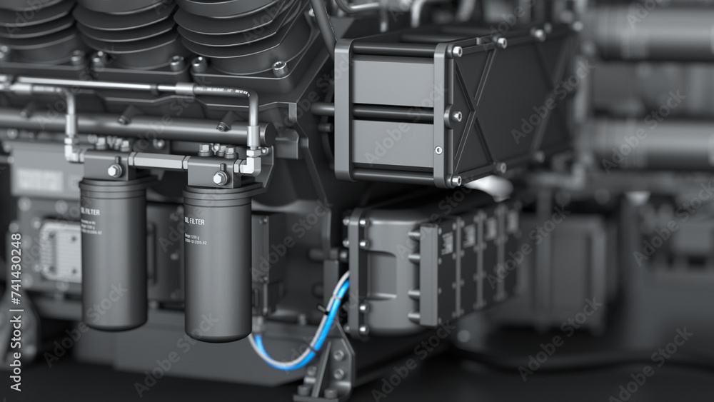 Dark mechanical background with elements of a diesel engine and ...