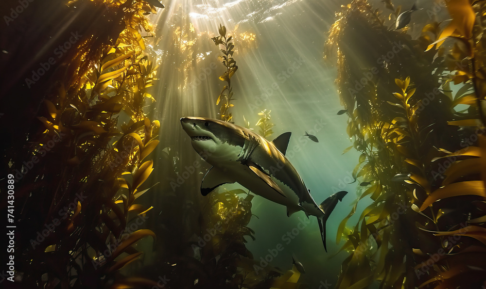 Great white shark swimming through a kelp forest in the ocean with ...