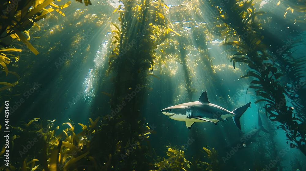 Great white shark swimming through a kelp forest in the ocean with ...