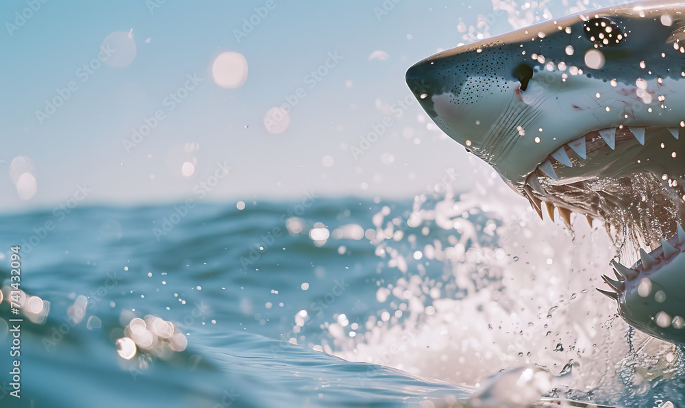 Close-up shot of great white shark jumping and breaching ocean waters ...