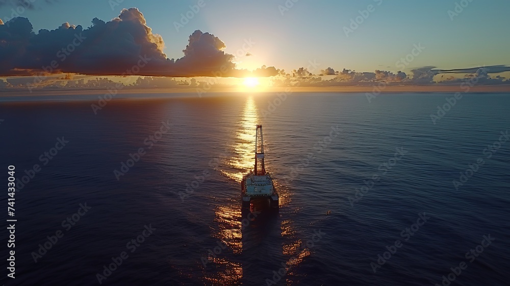 Offshore oil rig in open sea daylight with vast blue ocean and visible ...