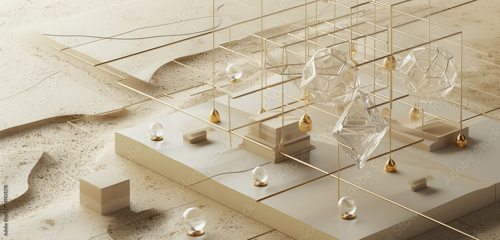 An ensemble of geometric shapes connected by transparent rods ...