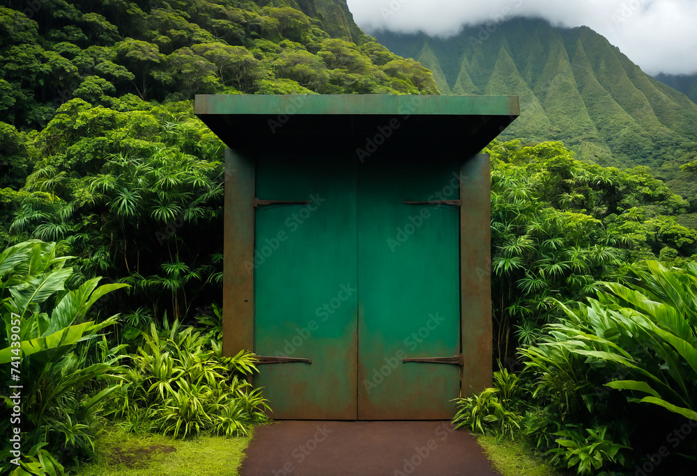 The entrance to an underground bunker in the jungle of the island of ...