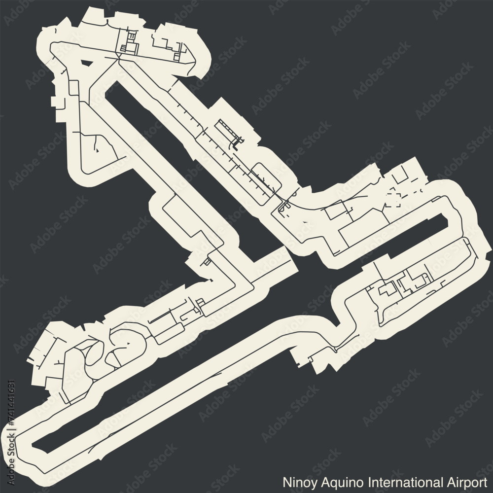 High contrasted terminals layout diagram map with airfield road lines ...