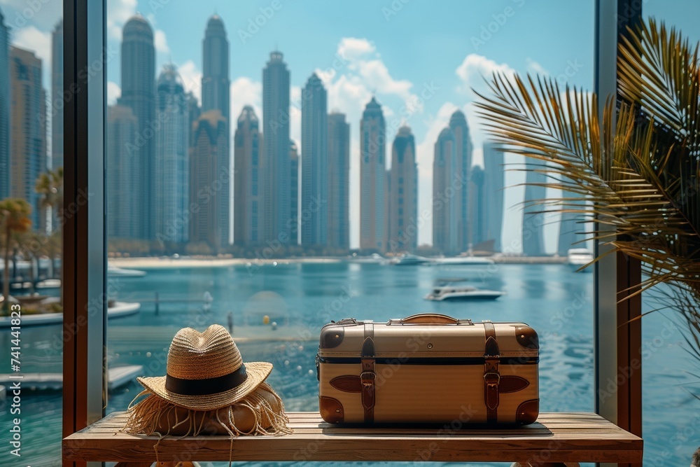 Relax in hotel with background of dynamic skyline, where modern ...