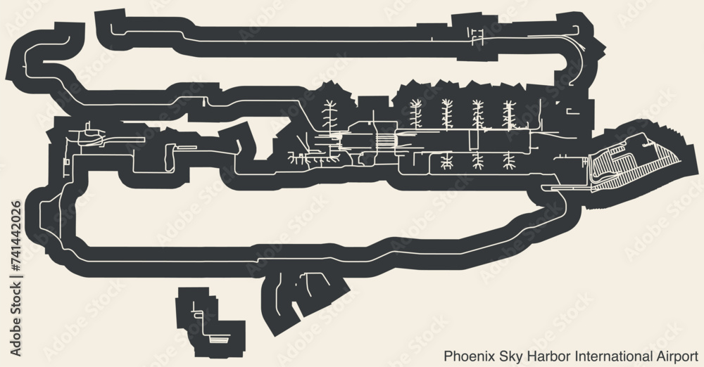 High contrasted terminals layout diagram map with airfield road lines ...