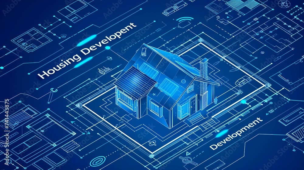 a banner with the text "Housing Development" displayed as a blueprint ...