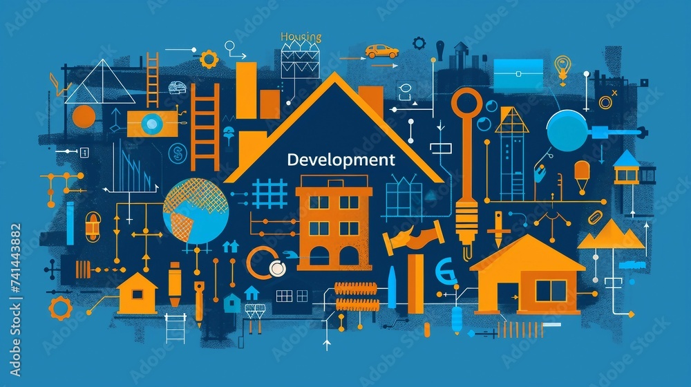 a banner with the text "Housing Development" displayed as a blueprint ...