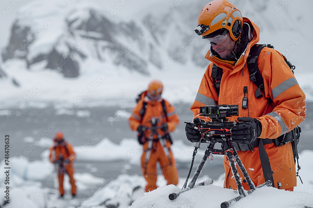 Research team in orange expedition gear using technical equipment ...