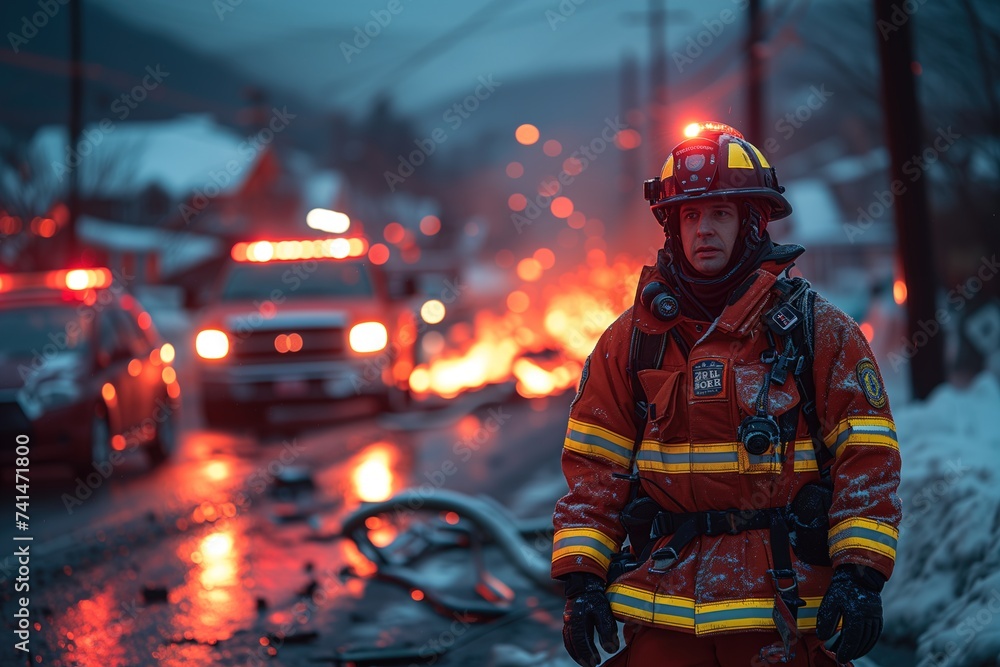 A brave firefighter stands ready to tackle the blazing inferno ...
