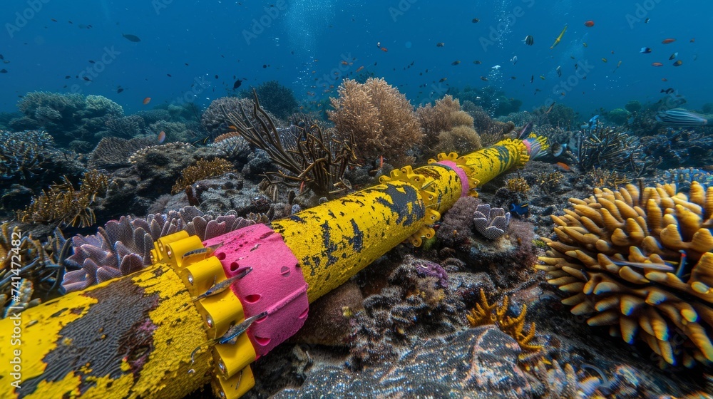 Underwater fiber optic cable installation on ocean seabed network ...