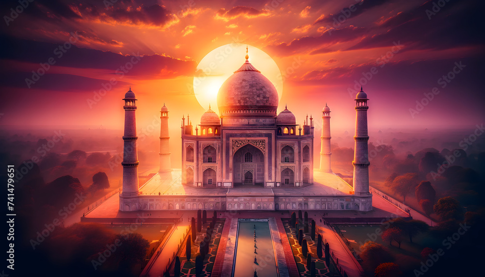 an awe-inspiring image of the Taj Mahal at sunset, capturing the warm ...