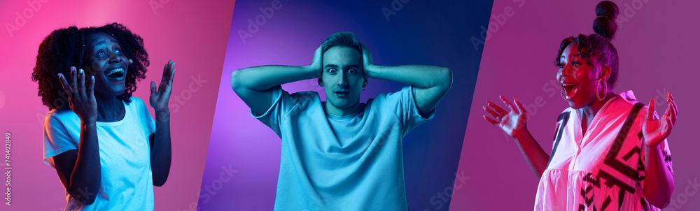 Collage made of portraits of surprised man and women different races ...