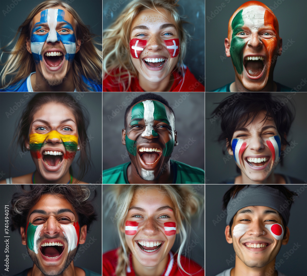 Multi National teams Fans with painted own country flags faces colors ...