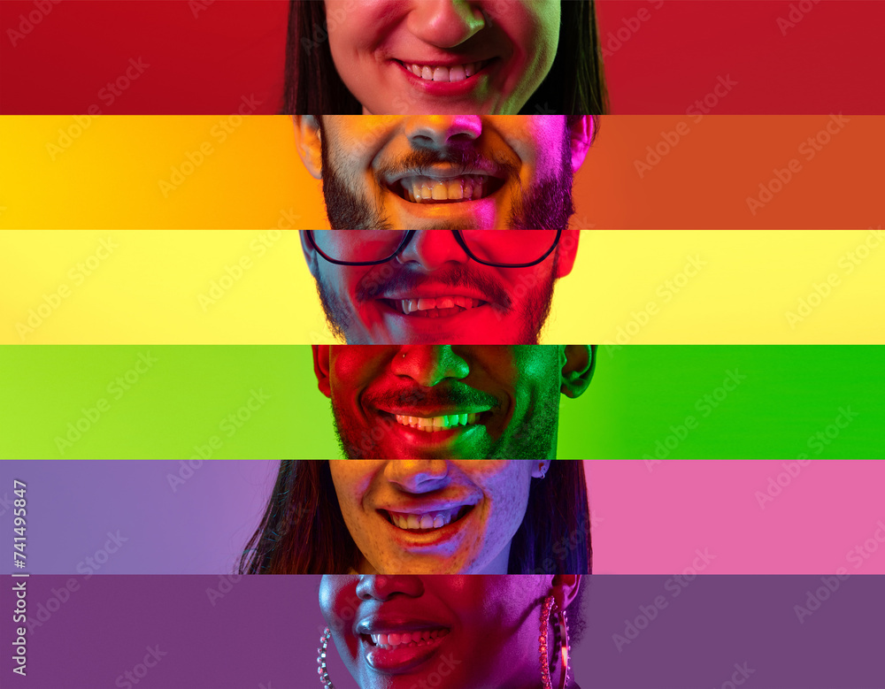 Collage of close up lips of different races people in neon light ...
