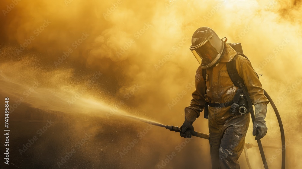 Poster Sand blasting process, Industial worker using sand blasting ...