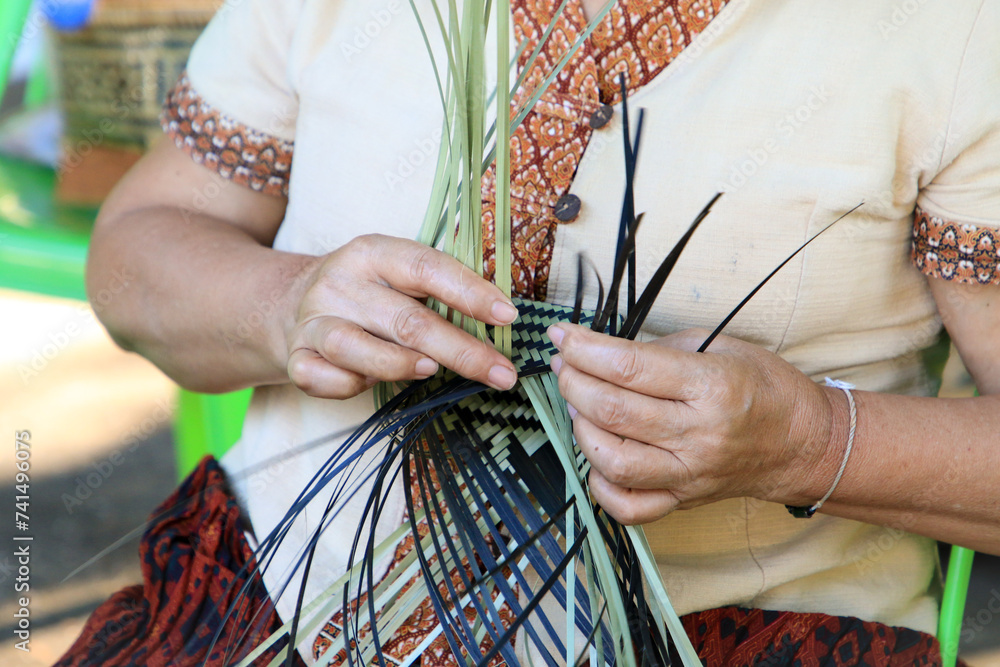 A Thai woman´s hand is weaving an ancestral basket case from bamboo ...