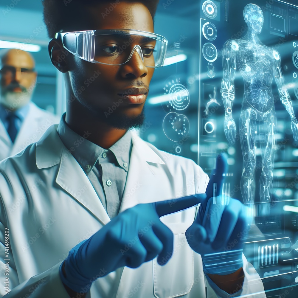 Side view of young female scientist in white lab coat and stethoscope ...