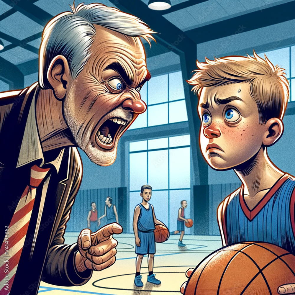 Coach's Intense Moment with Young Player A vivid illustration showcases ...