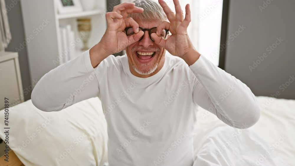 Cheeky middle-aged, grey-haired man in pyjamas pulls a funny face in ...