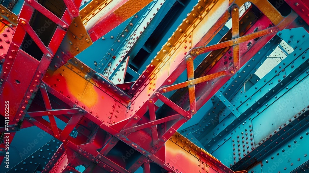 Photo Vivid Red and Blue Steel Girders in Construction Dynamic close-up ...