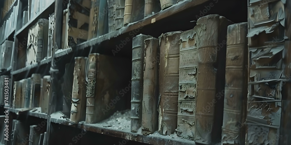 Abandoned library with shelves filled with weathered medical books ...