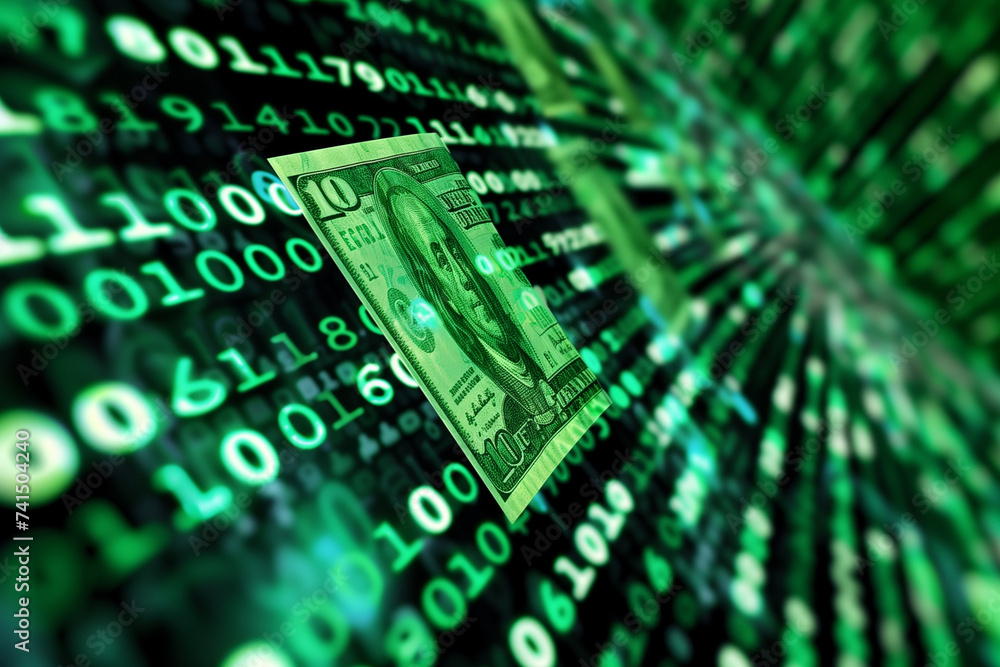 Money being digitally transformed into binary code highlighting the ...