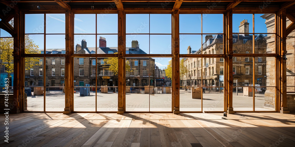 Twisted window frames framing the view of the courtyard of the building ...
