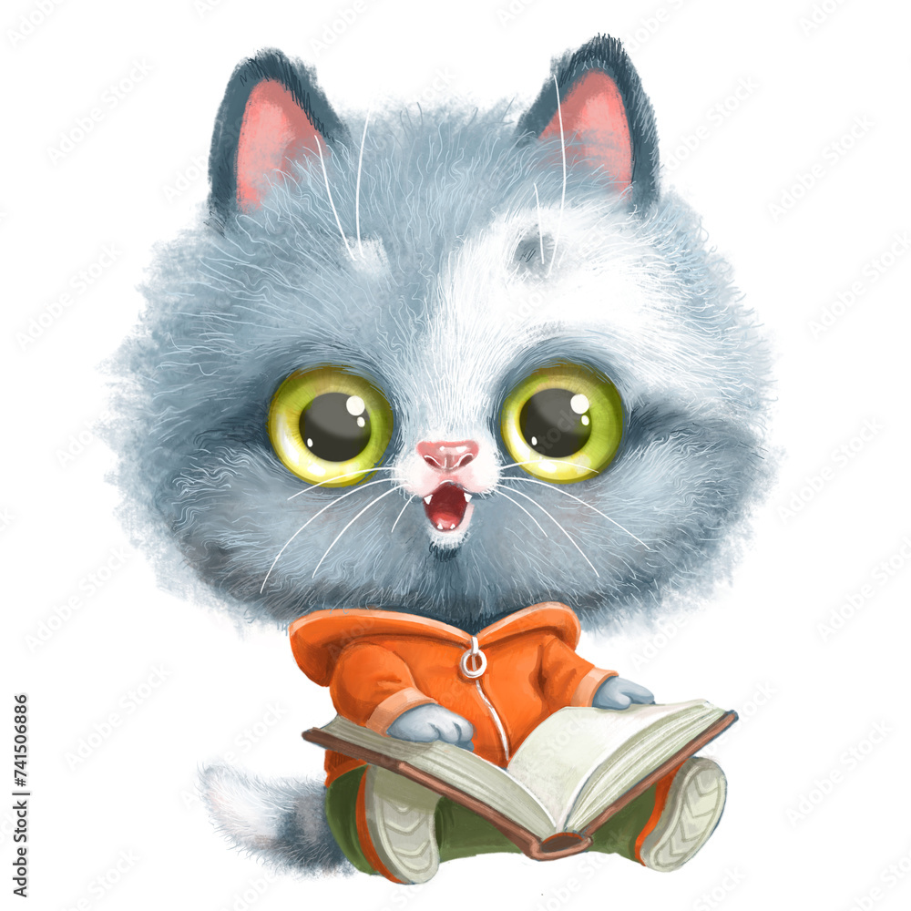 Cute cartoon grey kitten sitting on the floor and reading a book. Image ...