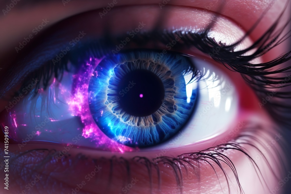 Beautiful open female eye, bright blue lenses, close-up An enlarged ...