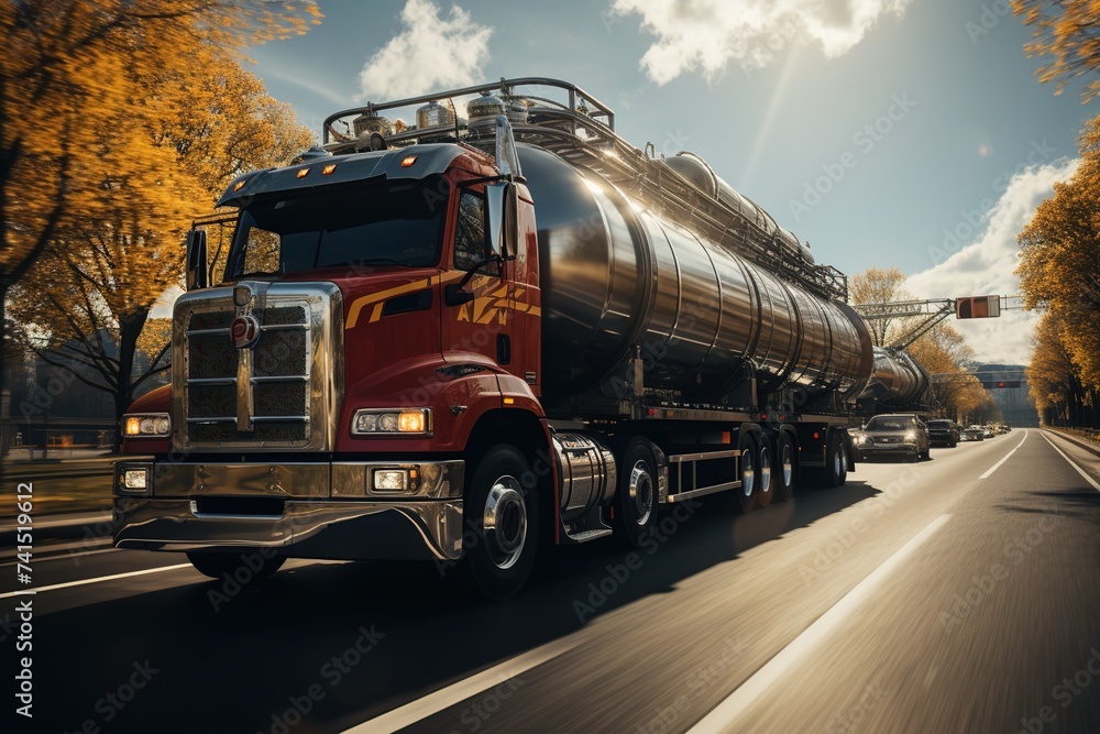 A fuel tanker drives towards an oil factory, representing the ...