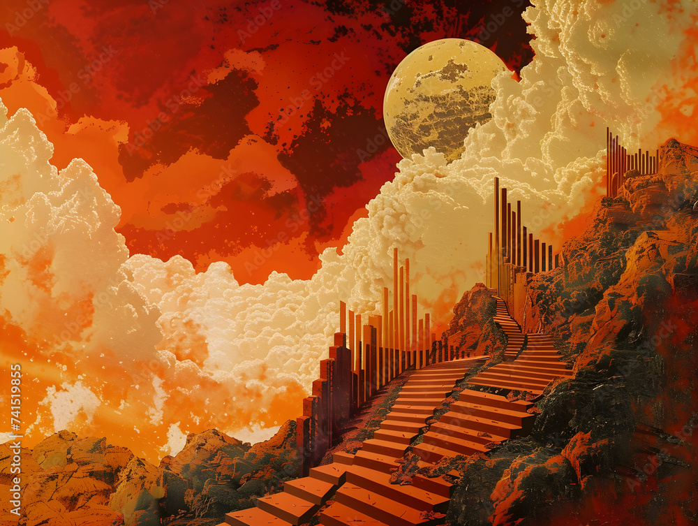 Surreal Apocalyptic Cityscape with Red Sky and White Clouds ...