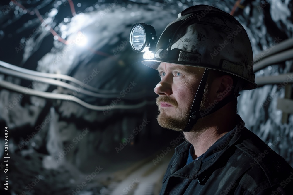 miner with hard hat and headlamp in a coal mine tunnel Stock Photo ...