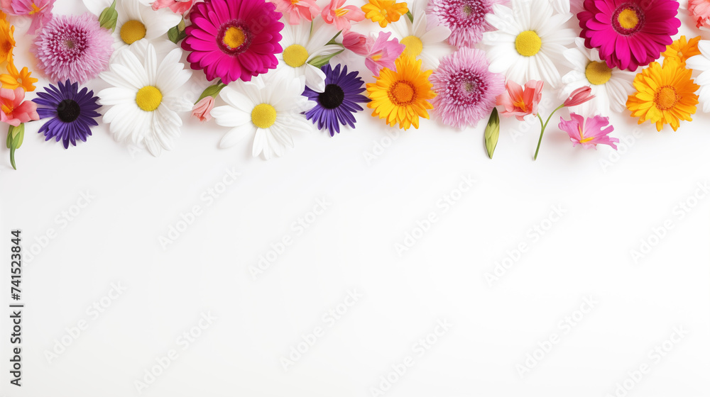 Fond blanc avec un contour de fleurs, plantes fraîches et colorées ...