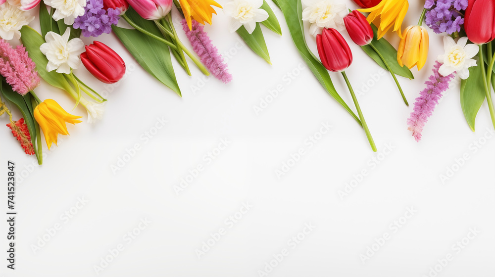 Fond blanc avec un contour de fleurs, plantes fraîches et colorées ...