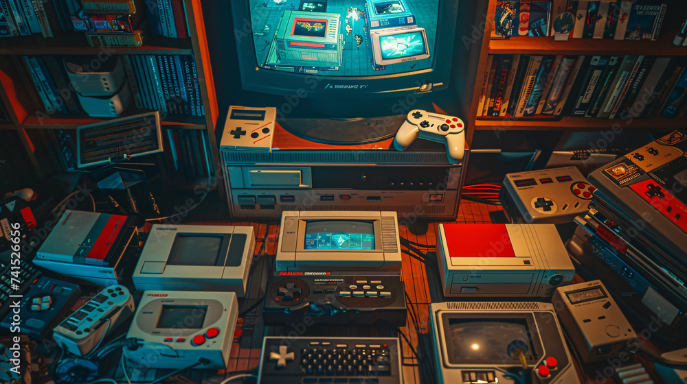 Nostalgic retro gaming setup with classic consoles, cartridges, and a ...
