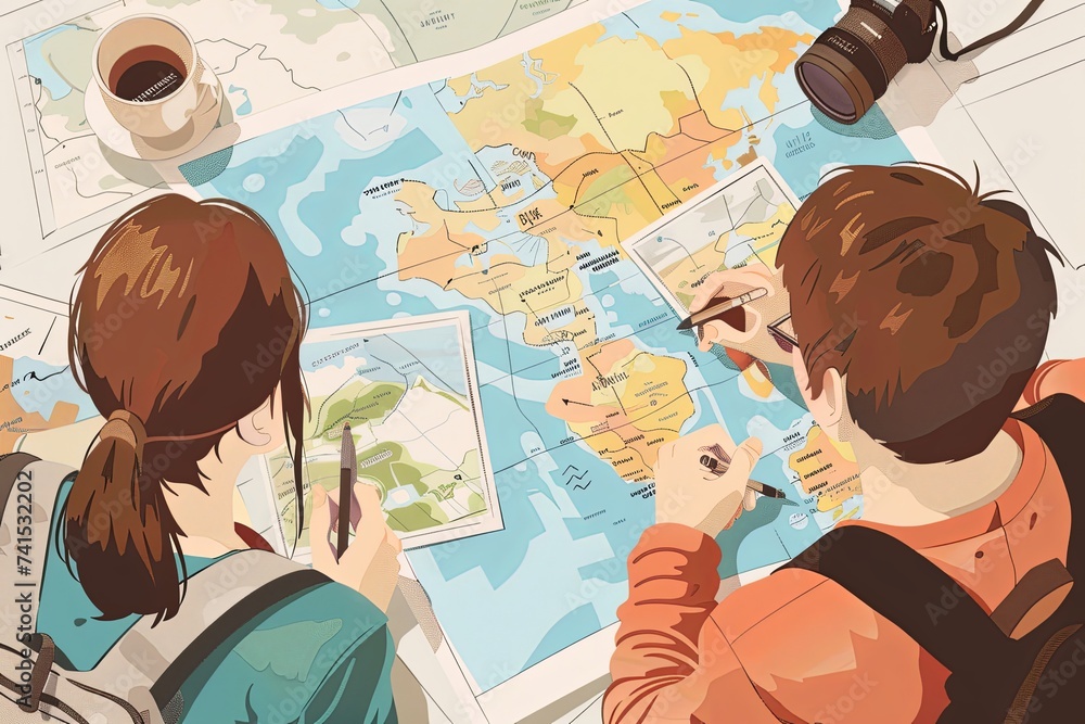 A man and a woman studying a map together. The couple appears to be ...