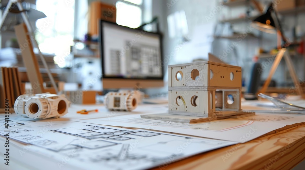 A detailed architectural model sits amidst blueprints and design tools ...