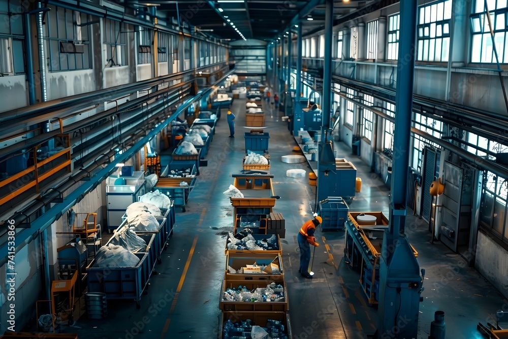 Workers in Industrial Factory with Machines and Stacked Boxes Stock ...
