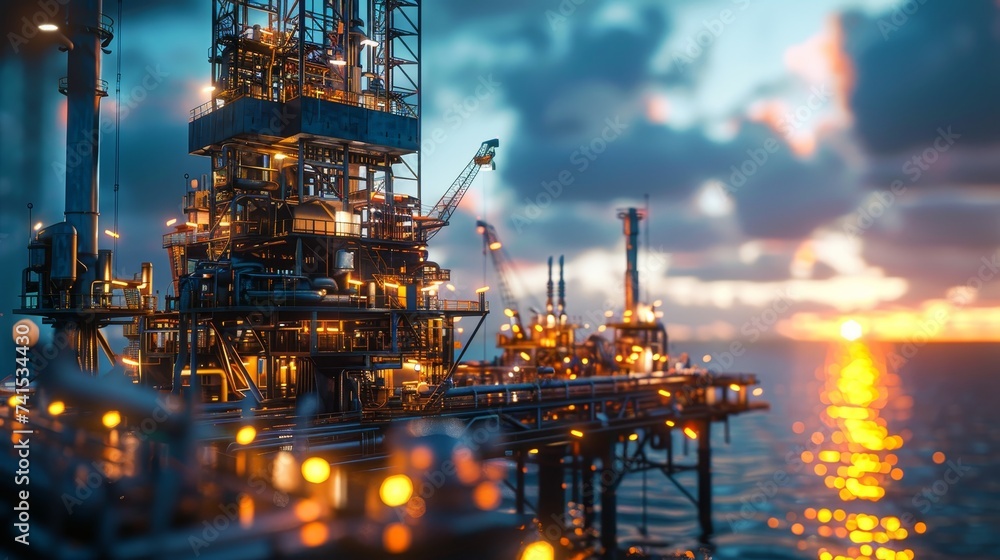 An offshore oil rig lit with bright lights stands out against the ...