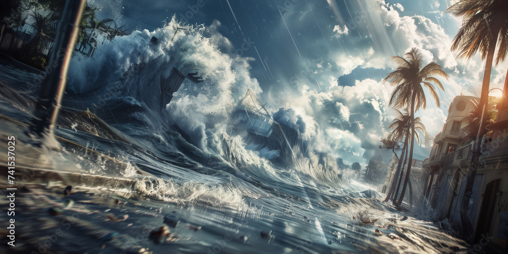 Tsunami in a coastal city, with a massive sea wave flooding the streets ...