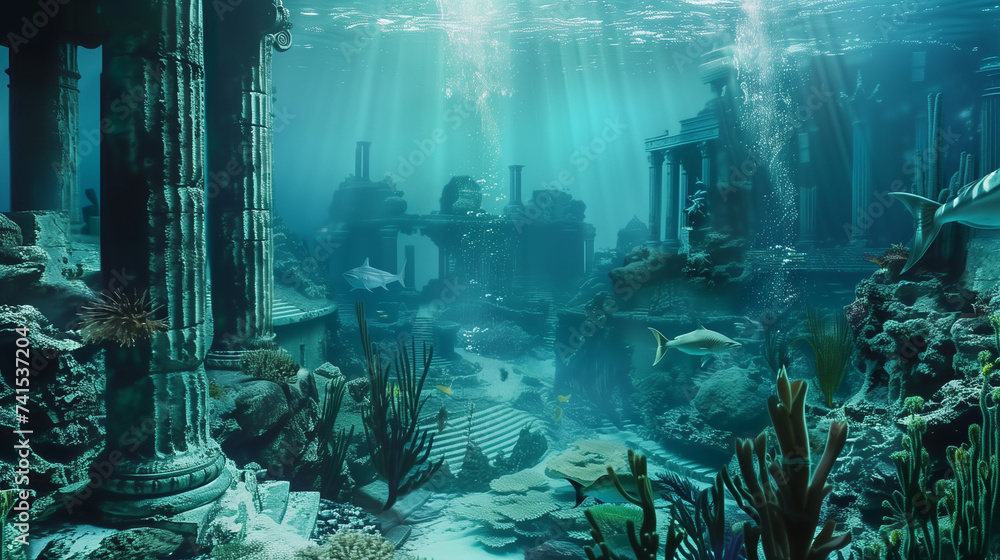 Underwater landscape of a submerged city with columns and temples in ...