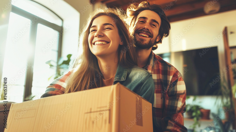 Couple in love man and woman renting new home packing things together ...